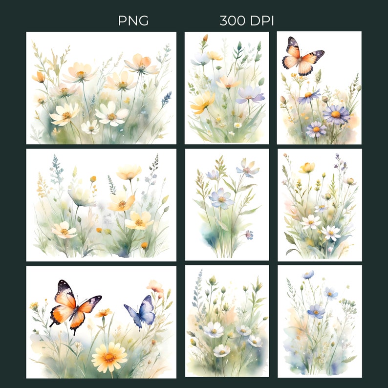 Wildflower Meadow Clipart, Watercolor Floral PNG, Spring Decorations ...