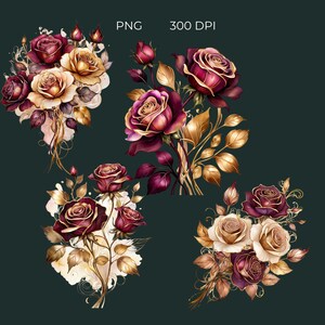 Maroon Gold Rose Clipart Set, Floral Watercolor Clip Art, Commercial ...