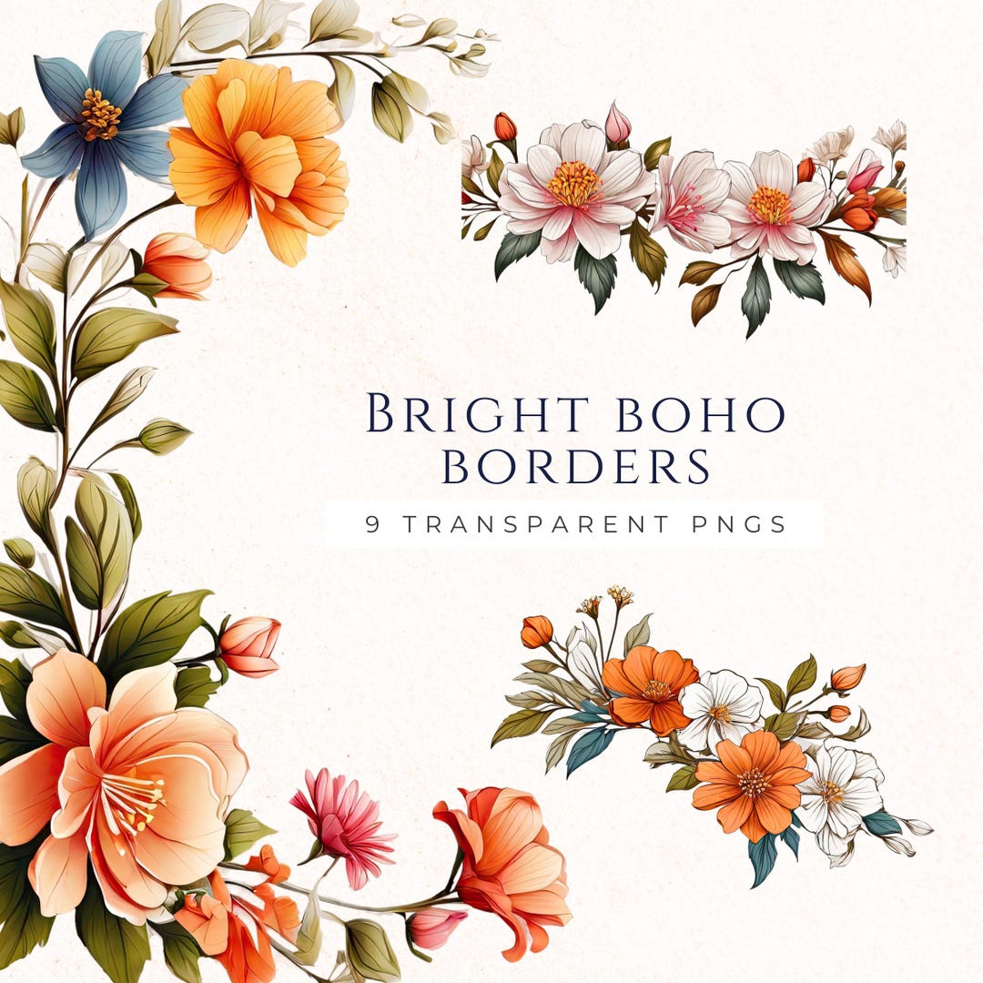 Colorful Flower Border Clipart, Vibrant Boho Watercolor Flowers ...