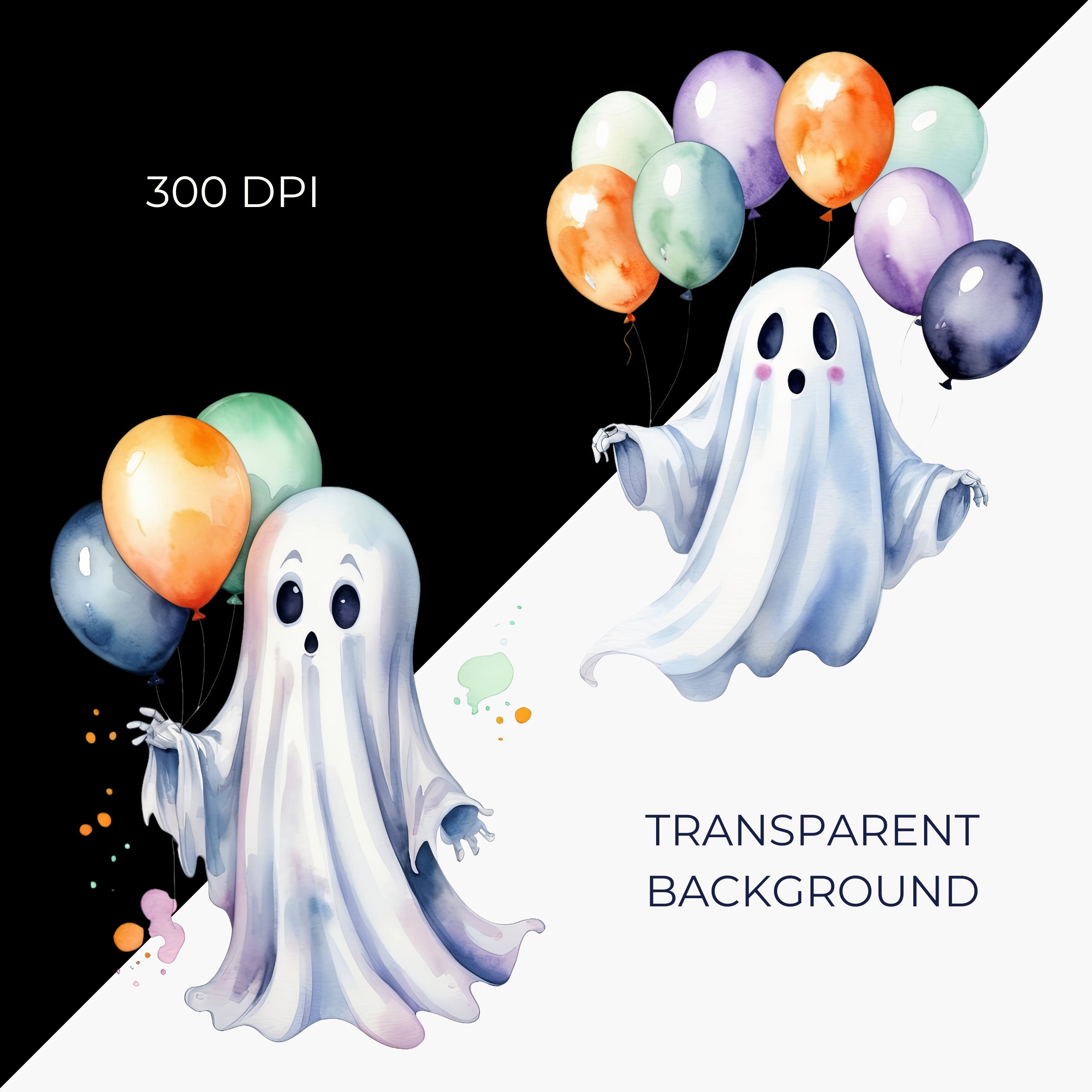Halloween Birthday Clipart Set, Ghost Balloon PNG, Party Decor Graphics ...