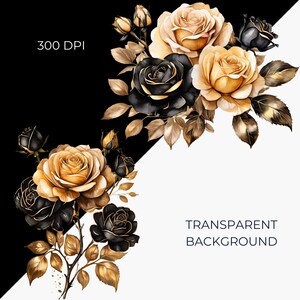 Black and Gold Roses Clipart, Instant Download, Floral PNG, Flower ...