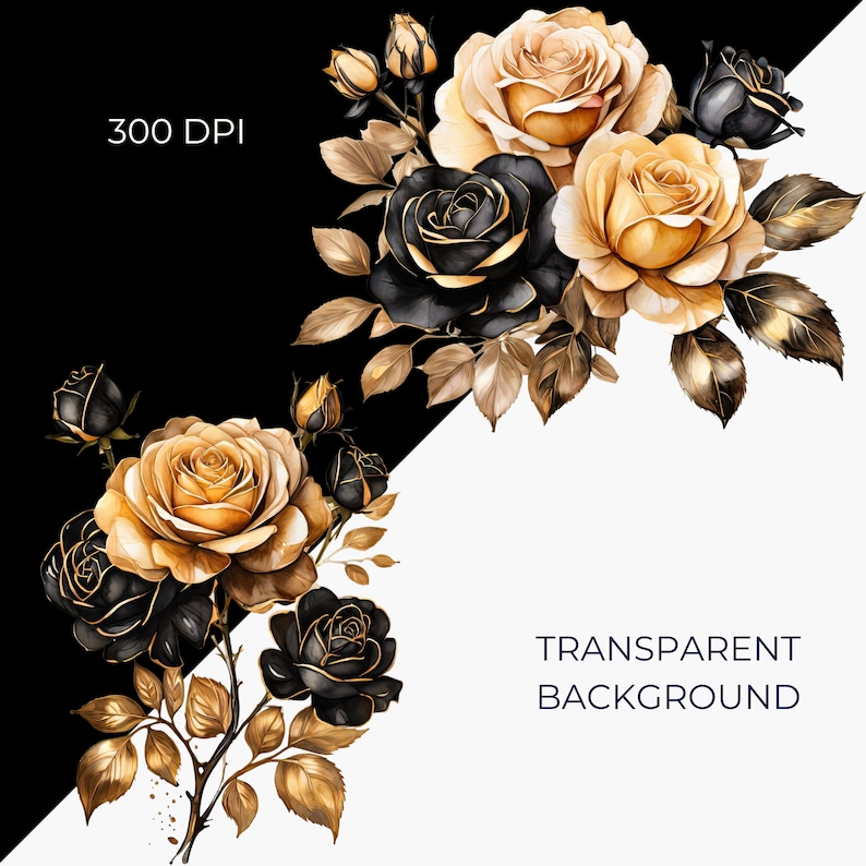 Black and Gold Roses Clipart, Instant Download, Floral PNG, Flower ...