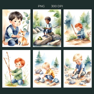 Boys in Nature Clipart, Watercolor Children, Cute Children Son Clipart ...
