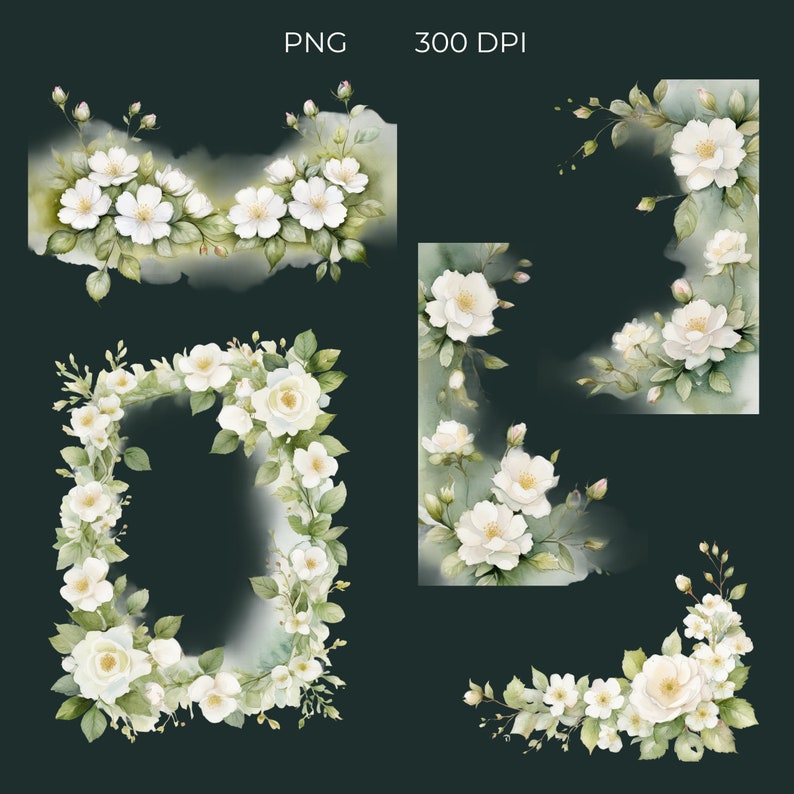 White Rose Border Clipart, Watercolor Floral Borders, Instant Download ...