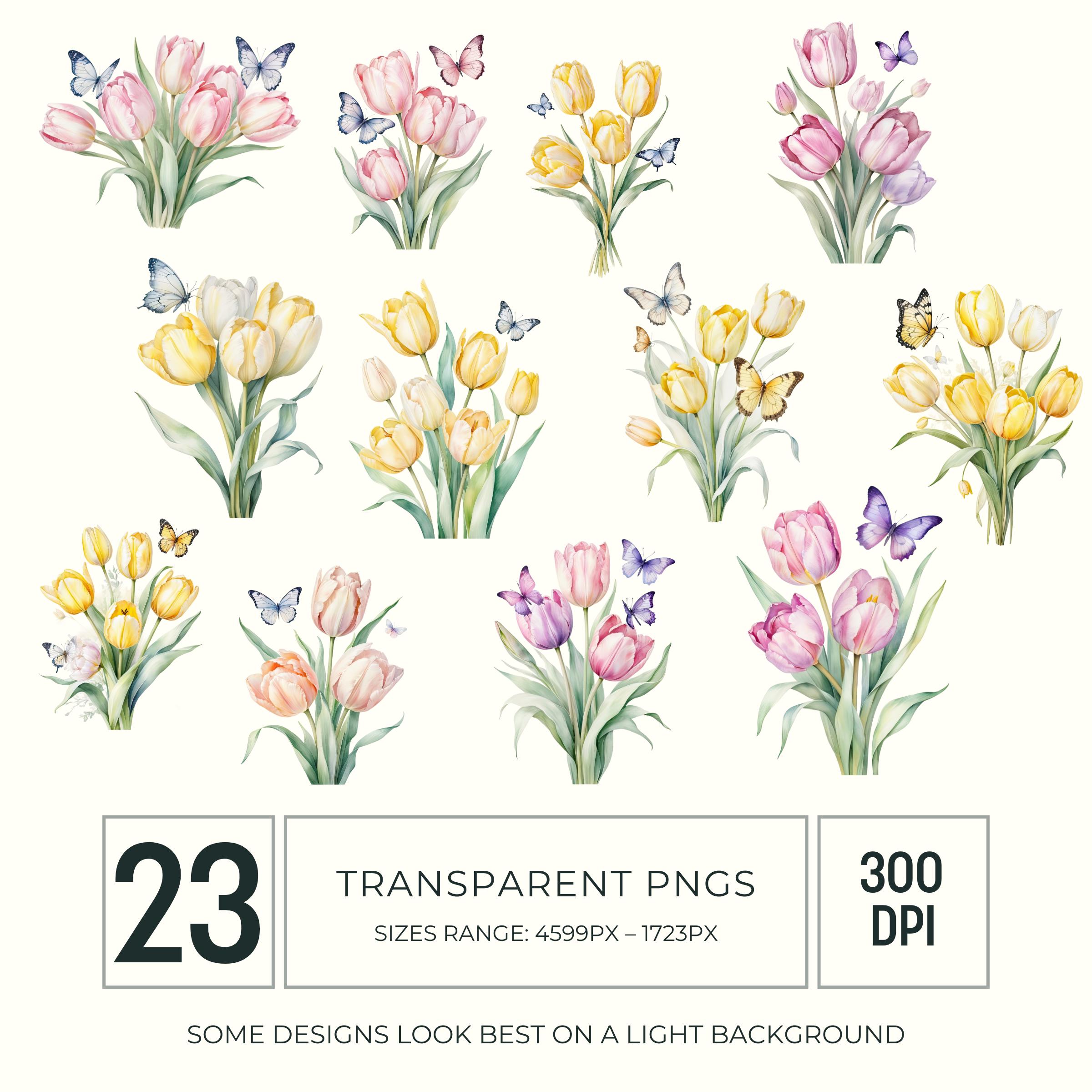 Butterfly and Tulips Clipart, Watercolor Flowers, Spring Graphics ...