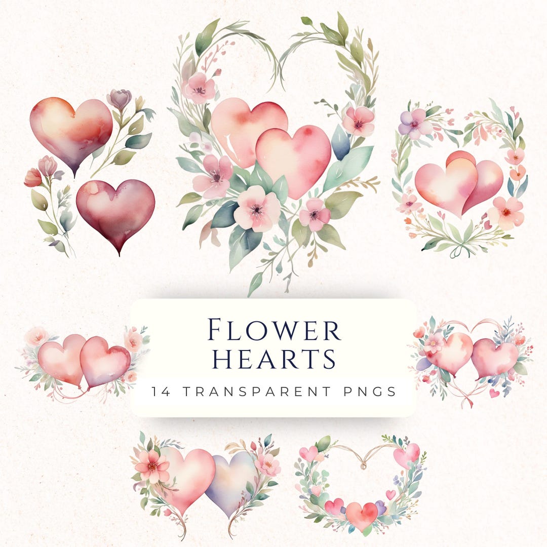 Watercolor Flower Heart Clipart, Instant Download PNG, Cardmaking ...