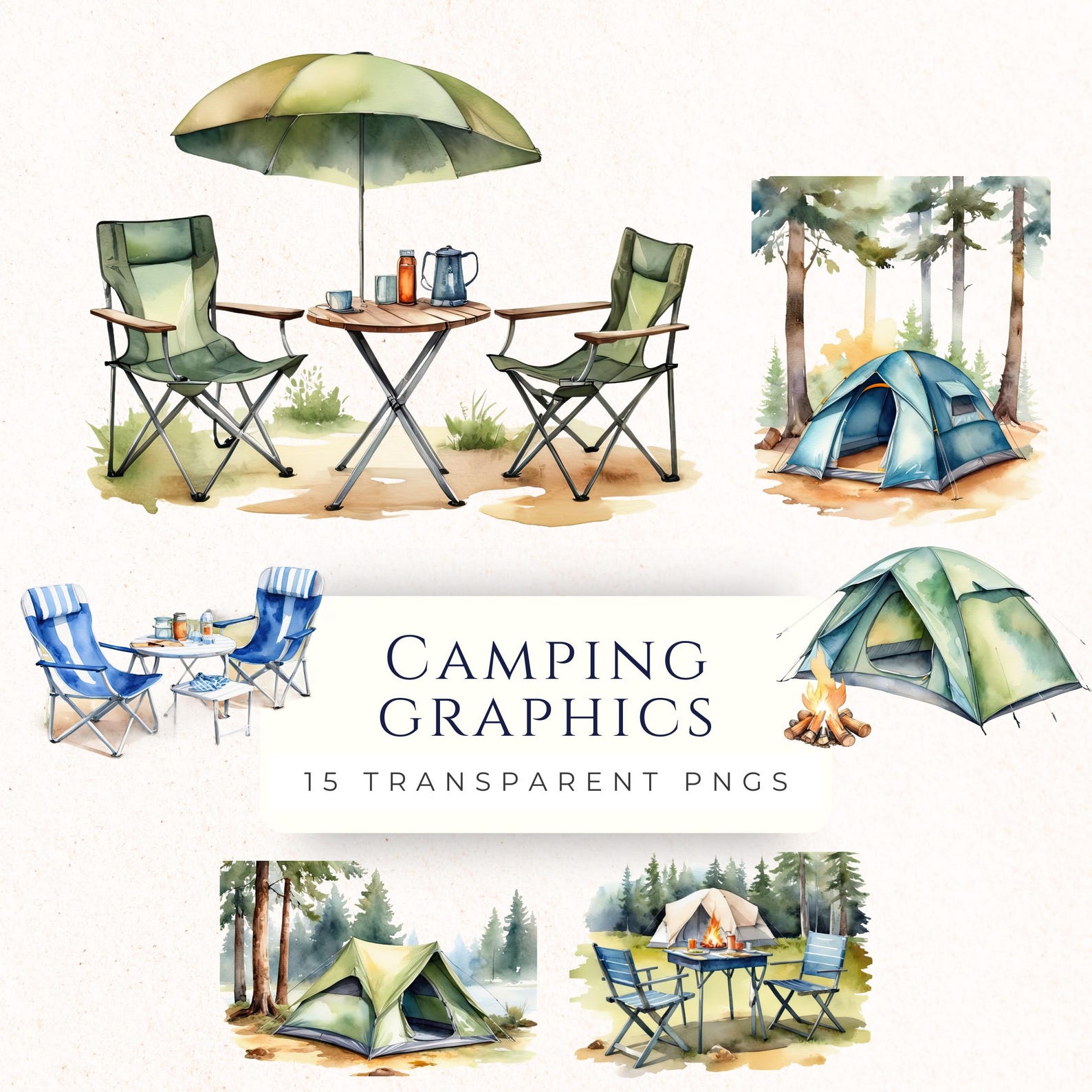 Watercolor Camping Clip Art, Outdoor Furniture Graphics, Travel ...