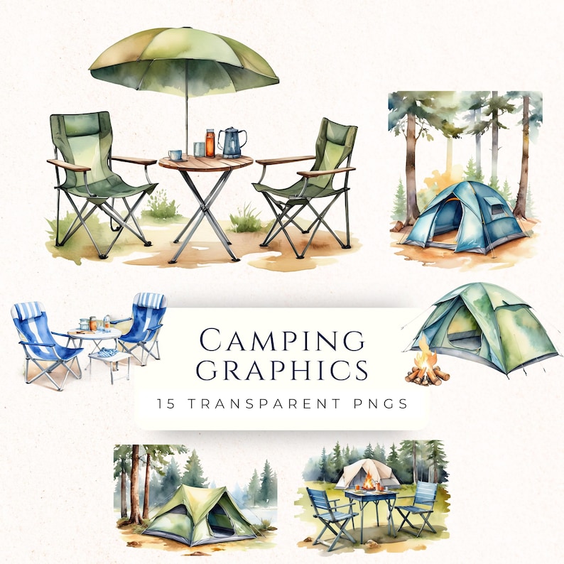 Watercolor Camping Clip Art, Outdoor Furniture Graphics, Travel ...