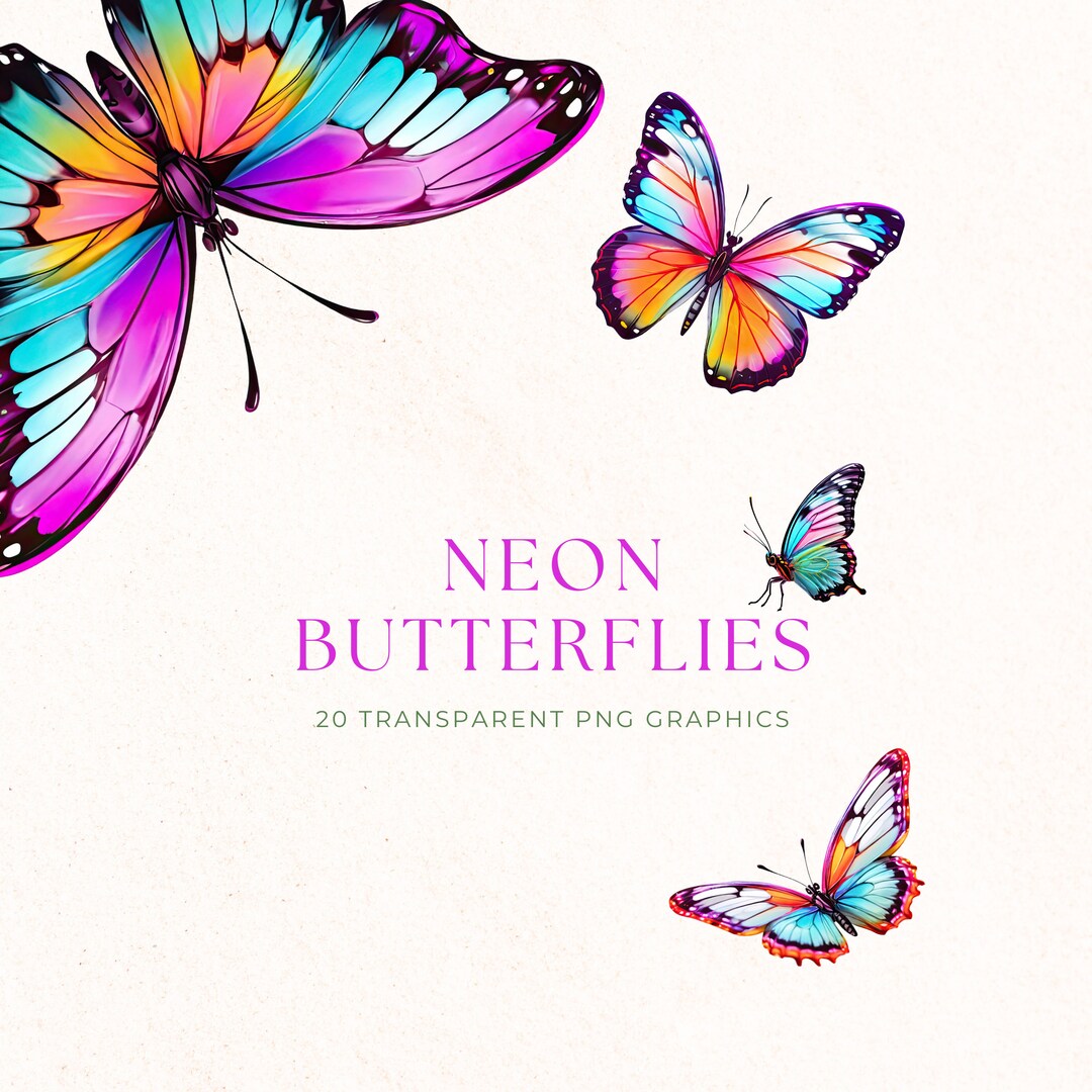 Neon Butterfly Clipart, Bold Color Butterflies Clip Art PNG, Instant ...