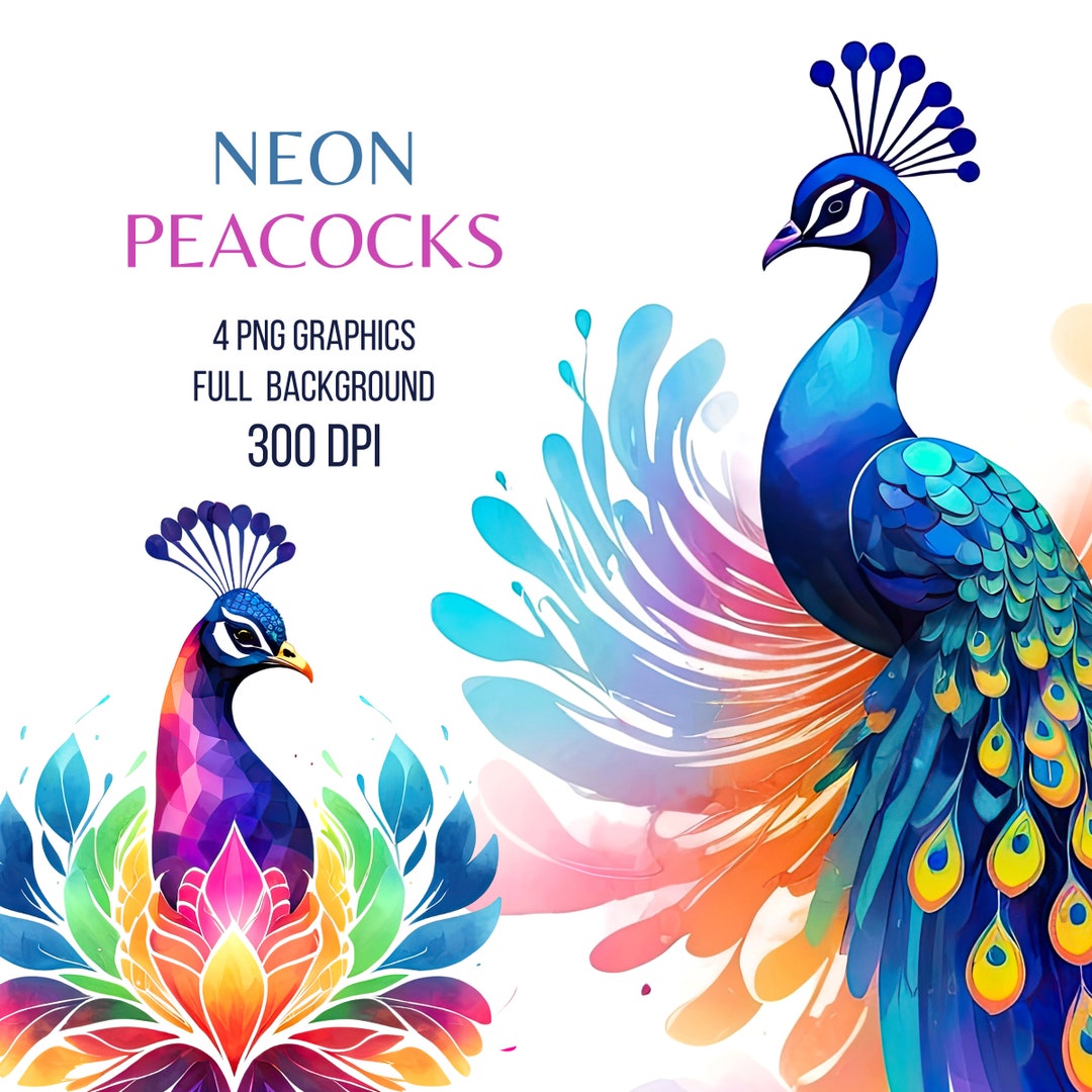 Neon Peacock Clipart Png, Colorful Bird Art, Watercolor Peacock Print ...