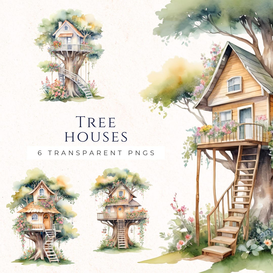 Watercolor Treehouse Clip Art, Instant Download PNG Set, Cute Treehouse ...