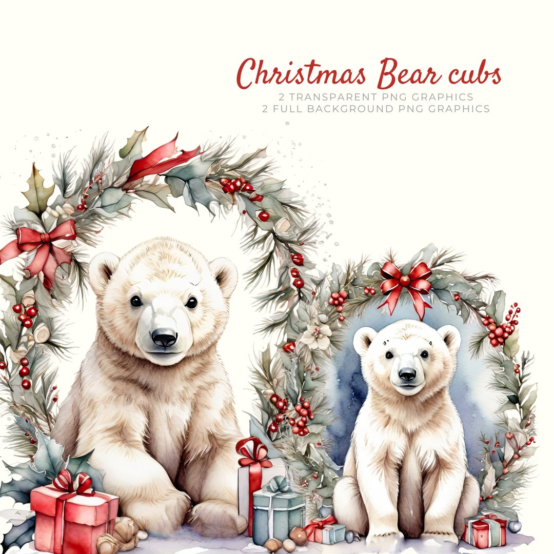 Polar Bear Cub Clipart, Christmas Card Decorations, Instant Download ...