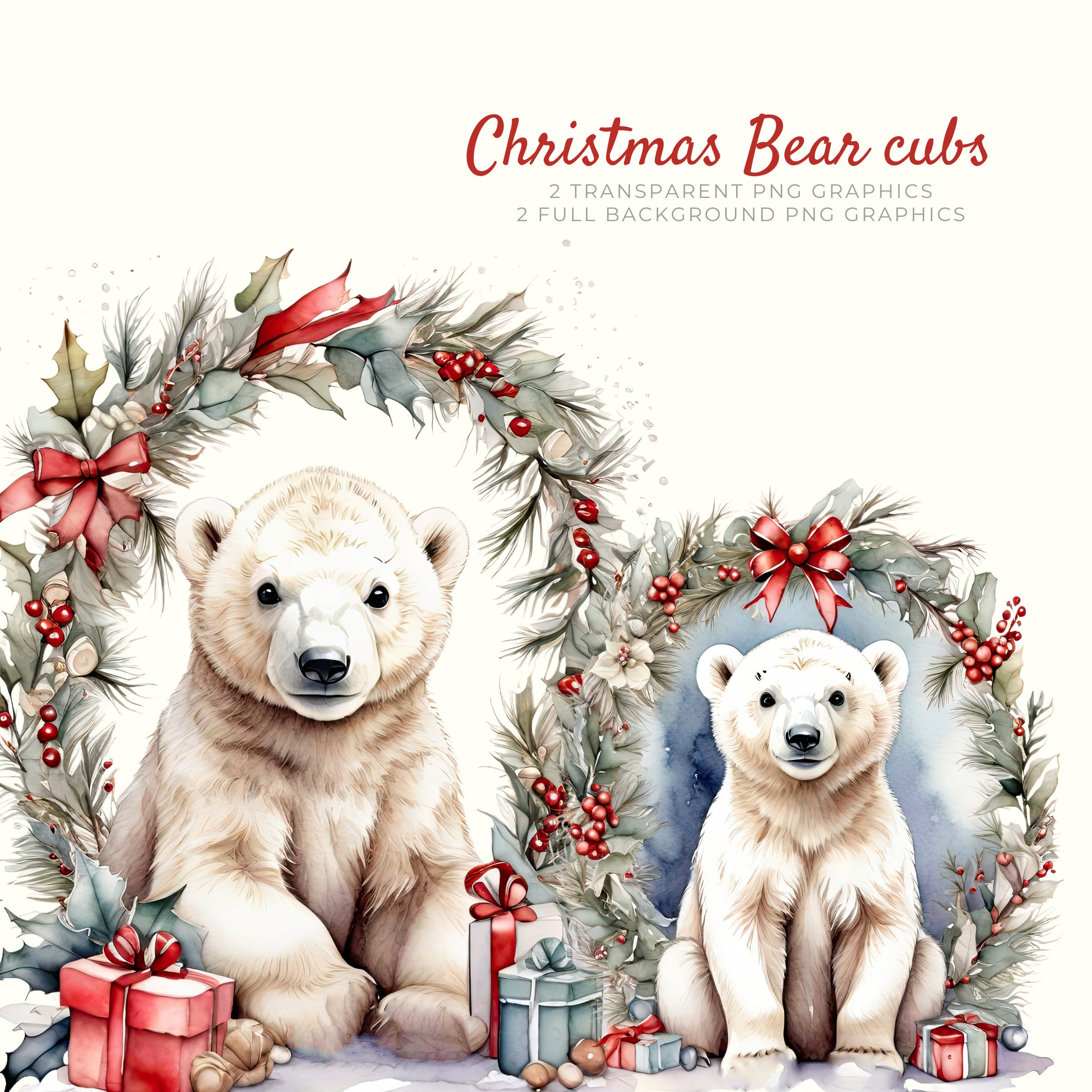 Polar Bear Cub Clipart, Christmas Card Decorations, Instant Download ...