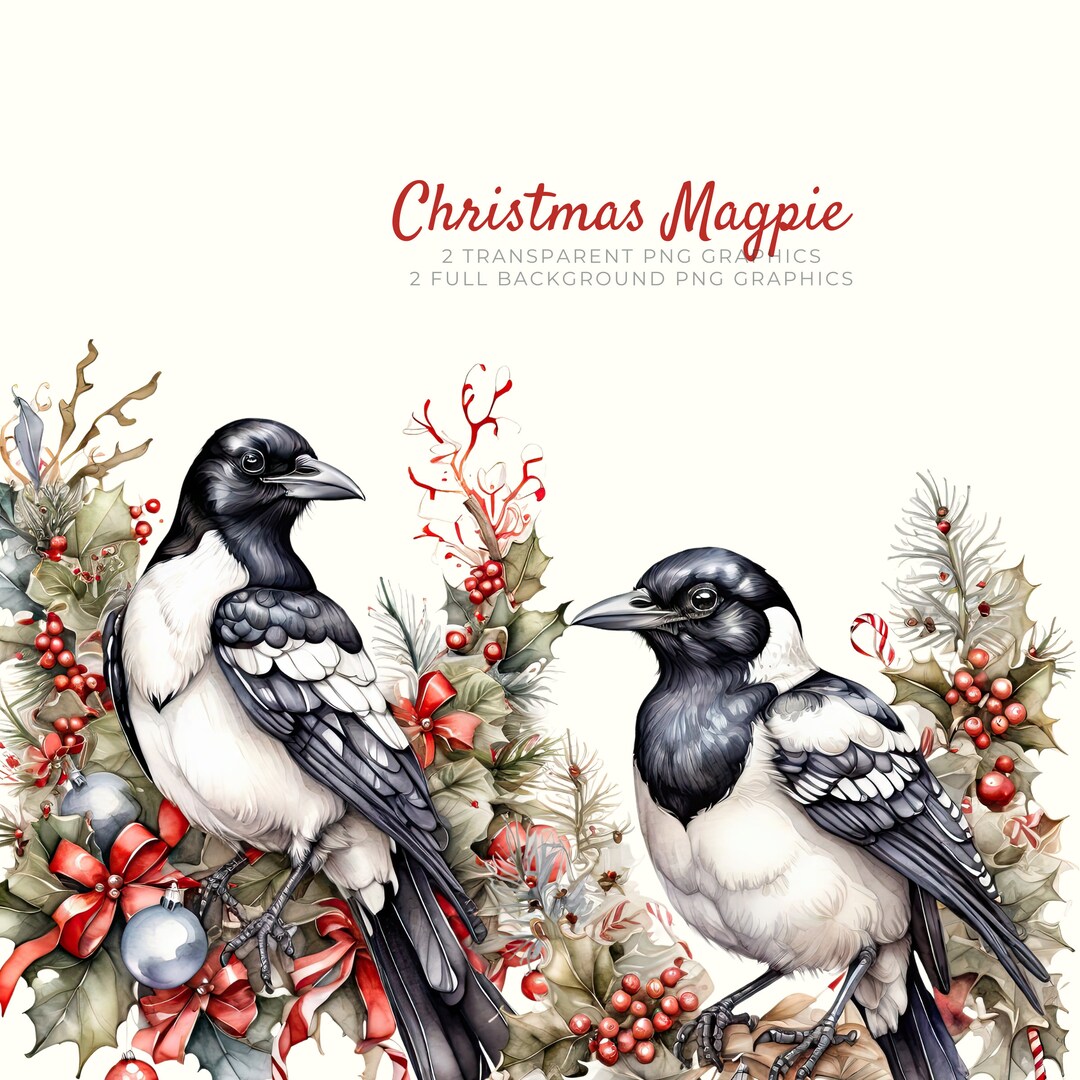 Christmas Magpie Clip Art, Instant Download PNG, Holiday Bird Images ...