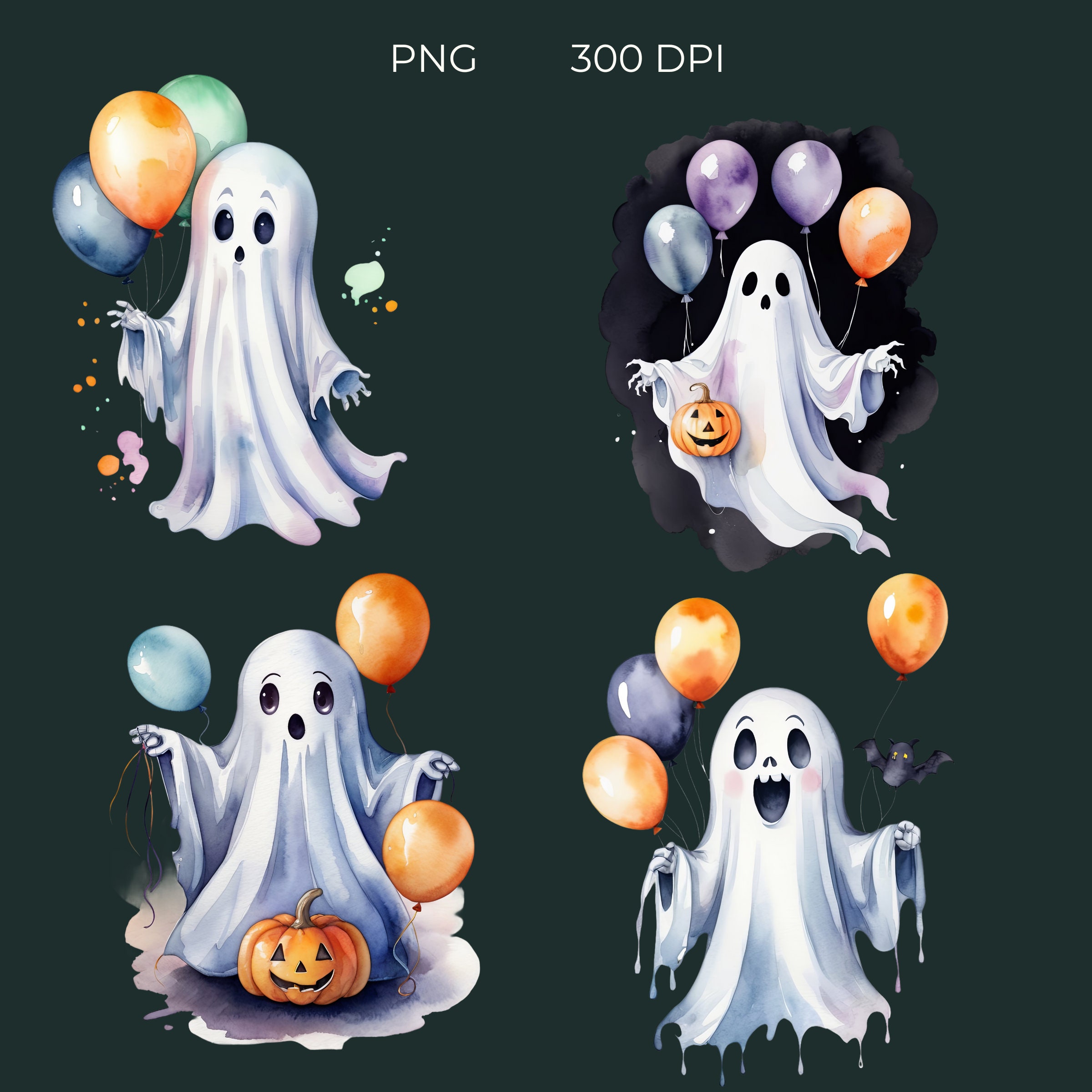 Halloween Birthday Clipart Set, Ghost Balloon PNG, Party Decor Graphics ...
