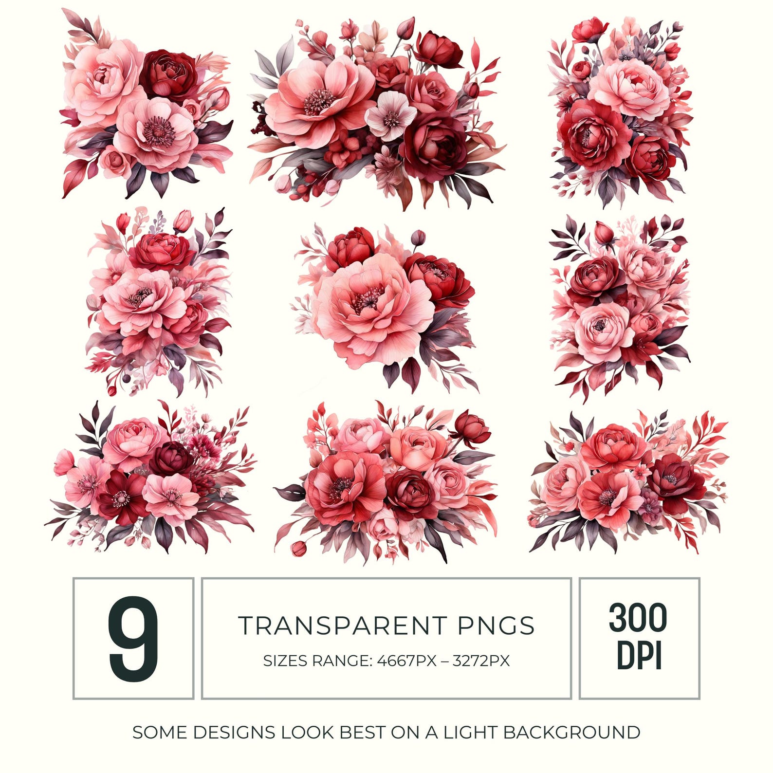 Red and Pink Flower Clipart, Moody Floral Graphics, Digital Download ...