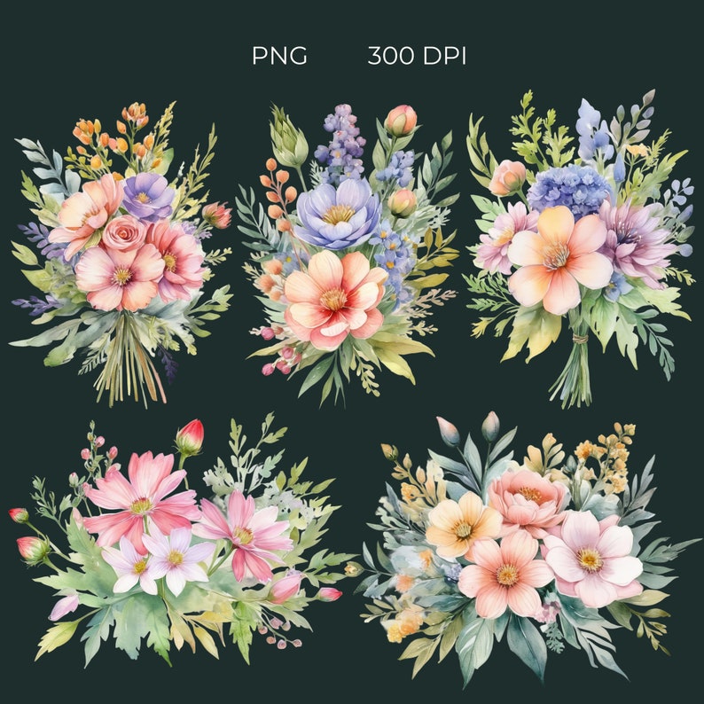 Watercolor Flower Bouquet Clipart Set, Floral PNG Files, Paper Craft ...