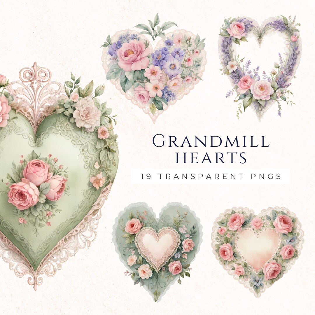 Grand Millennial Valentines Day Clipart, Heart Graphics, Scrapbooking ...