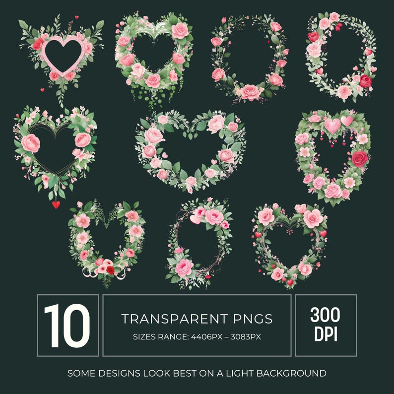 Romantic Valentine Wreath Watercolor Clipart Set PNG, Heart Border ...