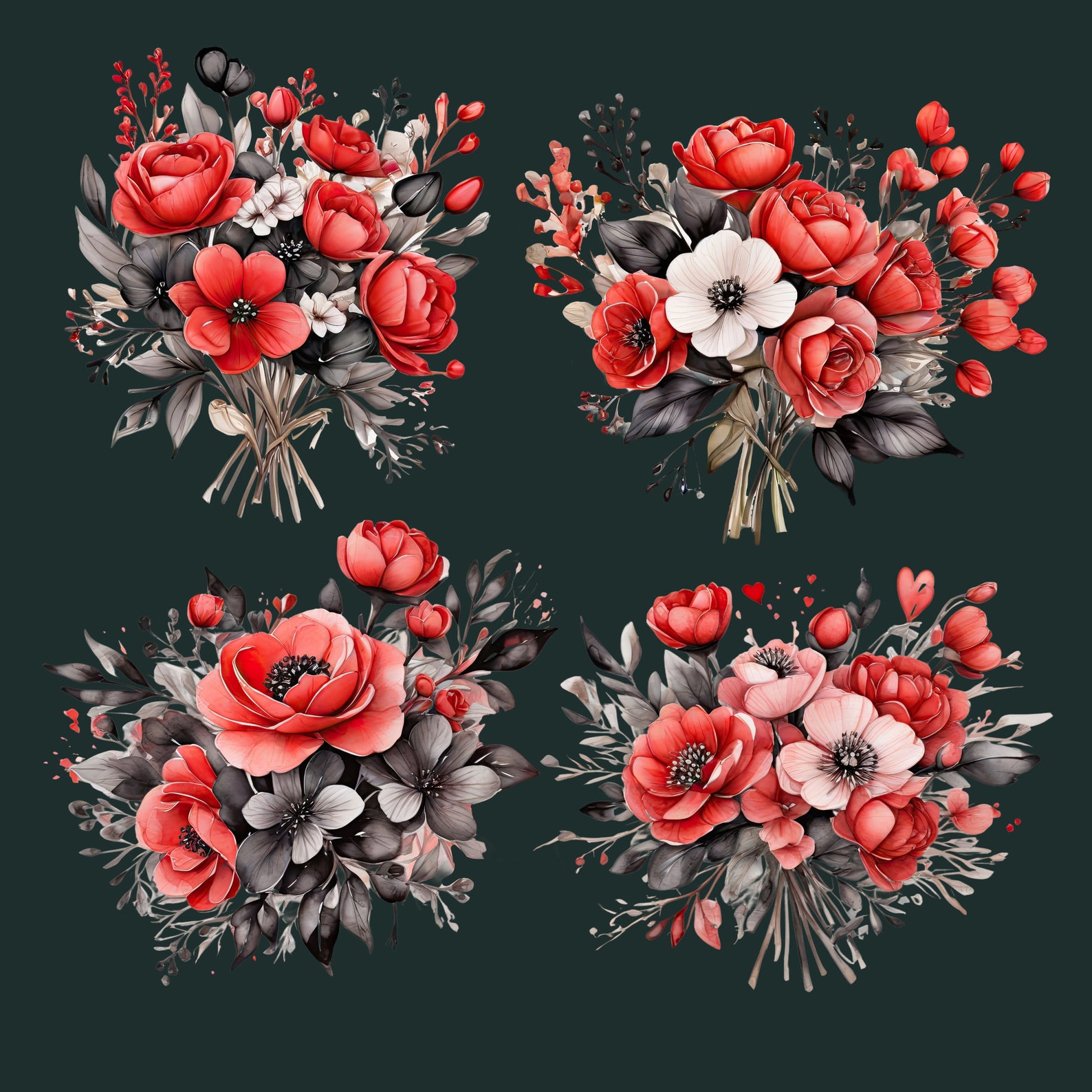 Watercolor Black Red Flowers Clipart, Moody Floral Graphics, Gothic ...