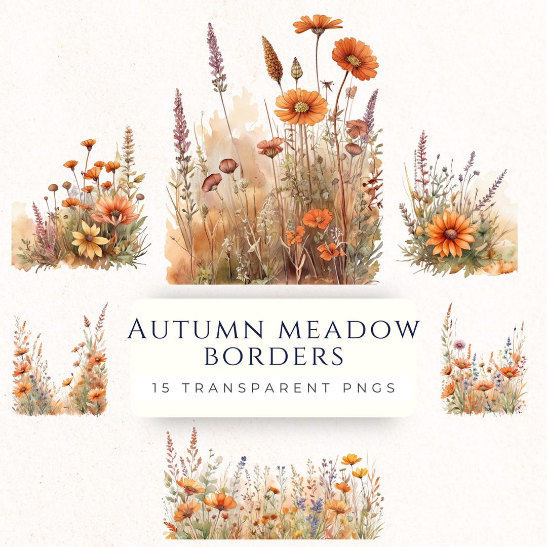 Autumn Meadow Border Clipart, Watercolor Floral Graphics, Fall ...