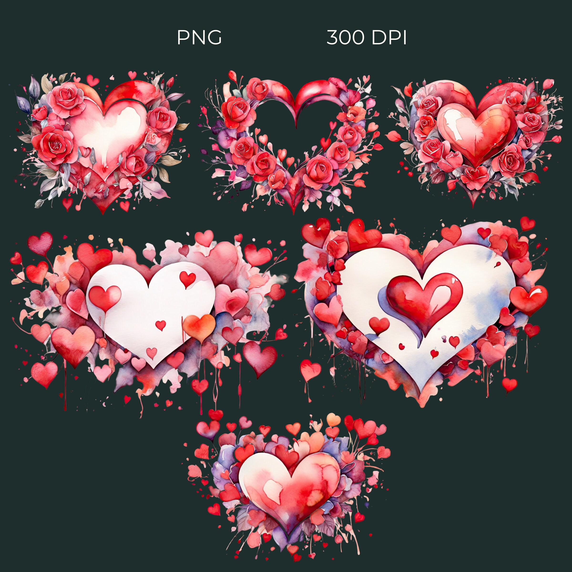 Valentines Clipart, Heart Graphics, Watercolor Hearts PNG, Transparent ...
