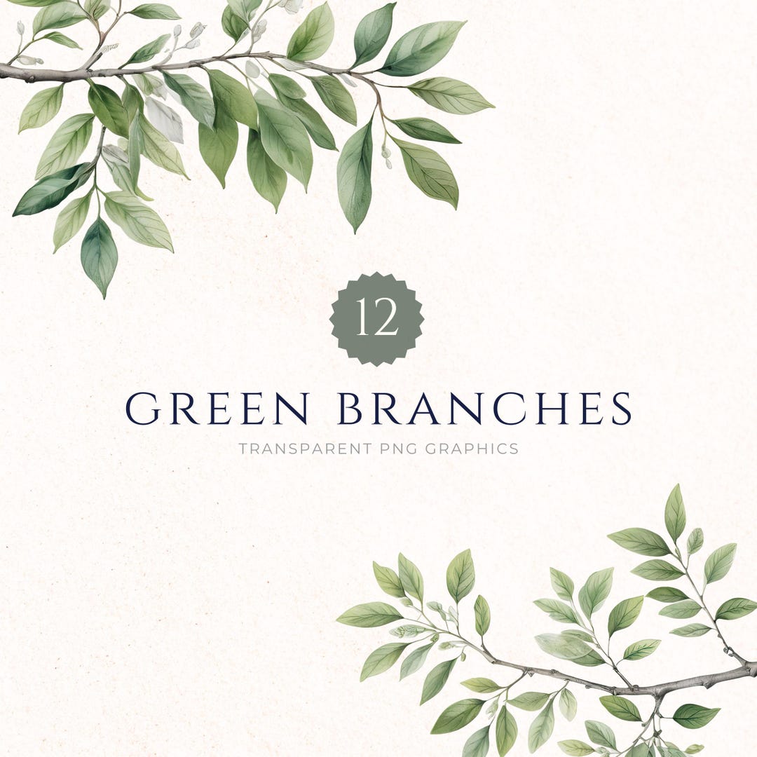 Green Tree Branch Clipart, Watercolor Leaves Graphics, Instant Download ...