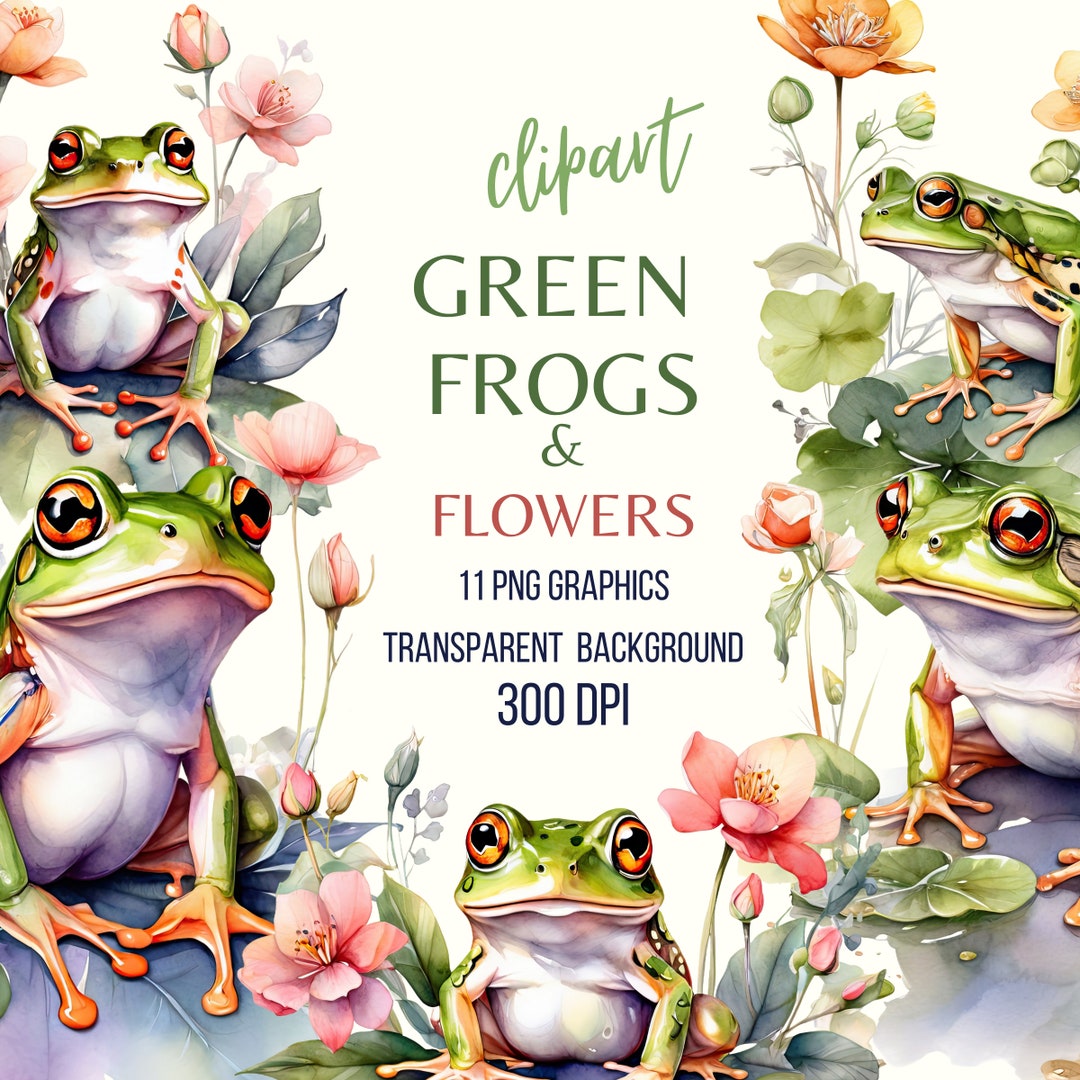Green Frogs Clipart, Frogs and Flower Clip Art, Cute Frog PNG ...
