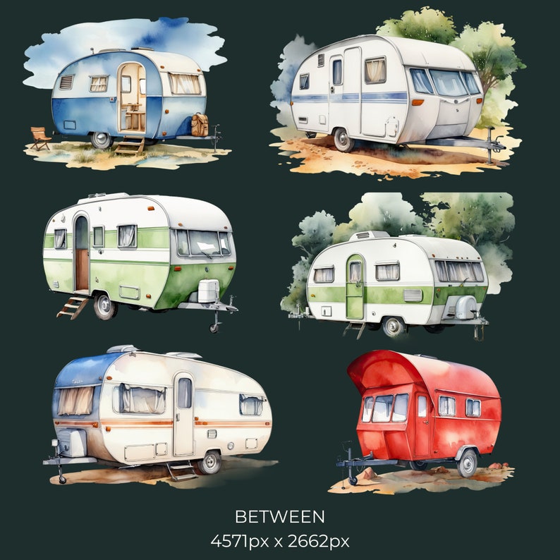 Watercolor Caravan Clipart, Camping Trailer Graphics, Vintage Camper ...