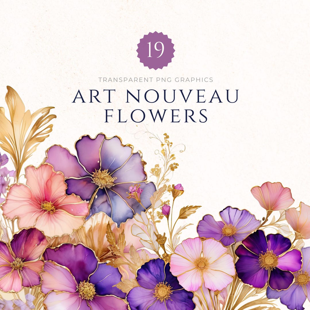 Purple Gold Floral Clipart, Art Nouveau Flower PNG, Paper Crafting ...