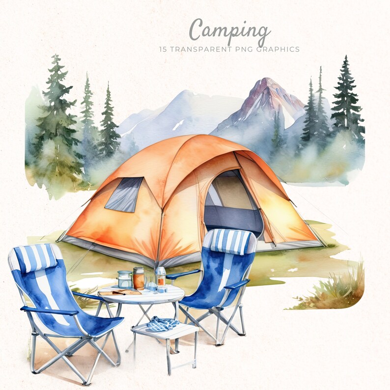 Watercolor Camping Clip Art, Outdoor Furniture Graphics, Travel ...