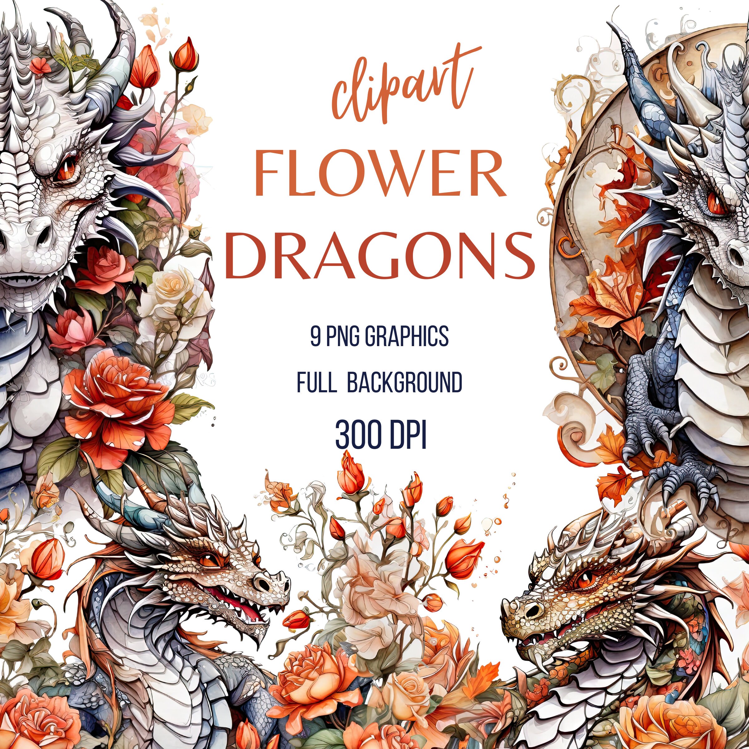 Flower Dragon Graphic, Fantasy Dragon Clip Art, Mythical Creatures ...