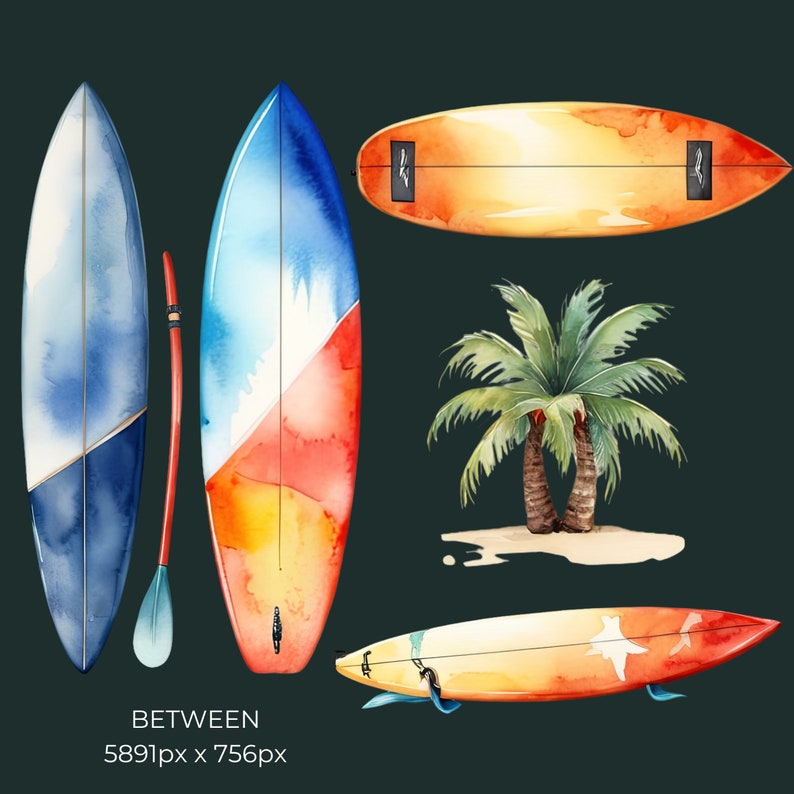 Watercolor Surfboard Clipart Set, Beach Vacation PNG Images, Summer ...