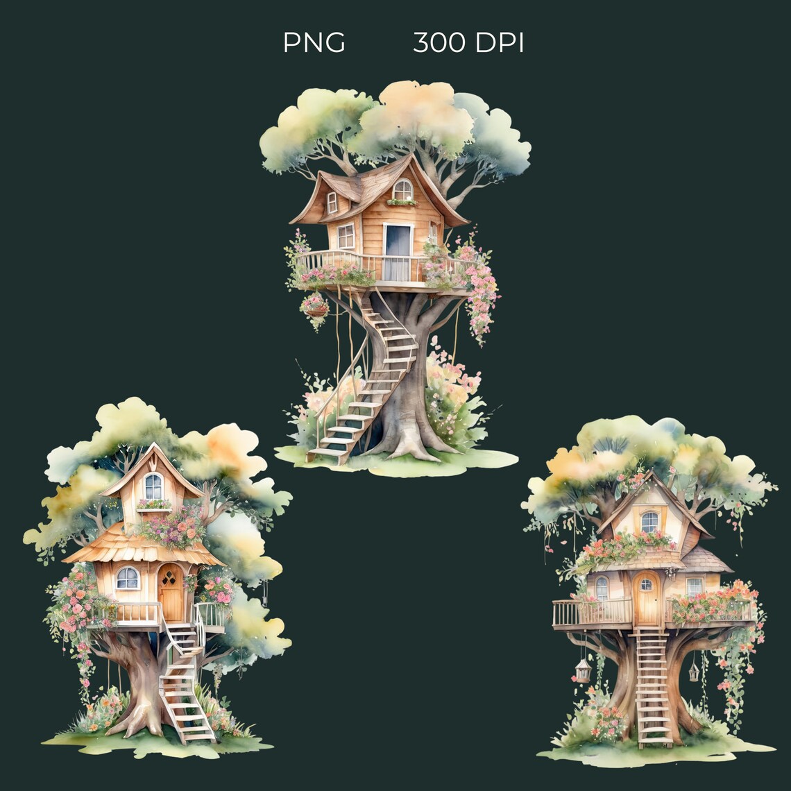 Watercolor Treehouse Clip Art, Instant Download PNG Set, Cute Treehouse ...