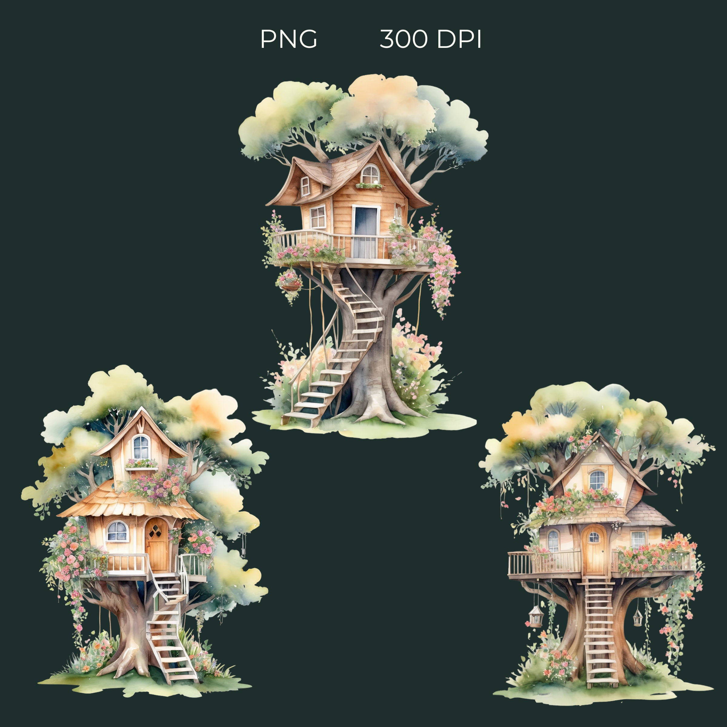 Watercolor Treehouse Clip Art, Instant Download PNG Set, Cute Treehouse ...