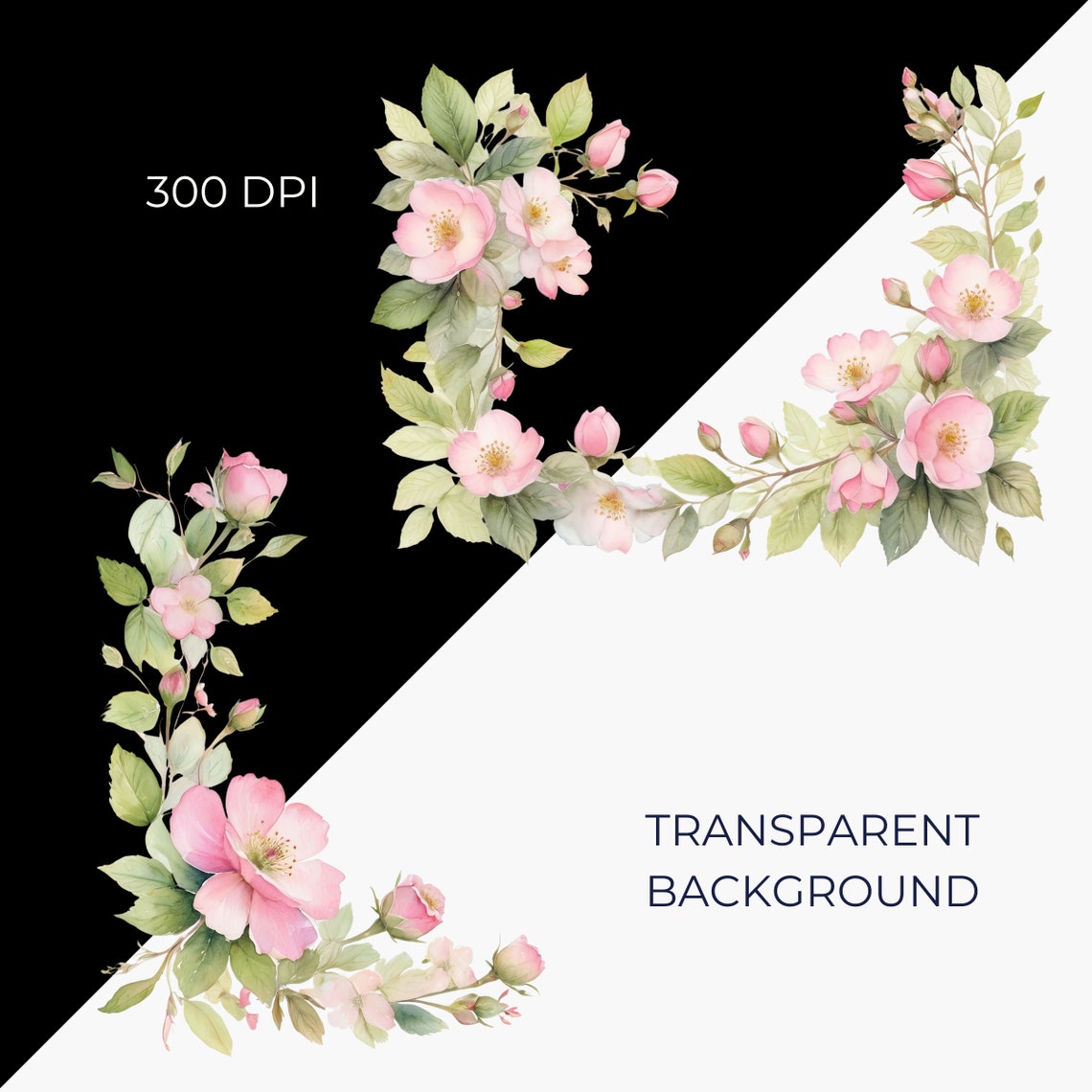 Pink Rose Border Clipart, Watercolor Flower Borders, Instant Download ...