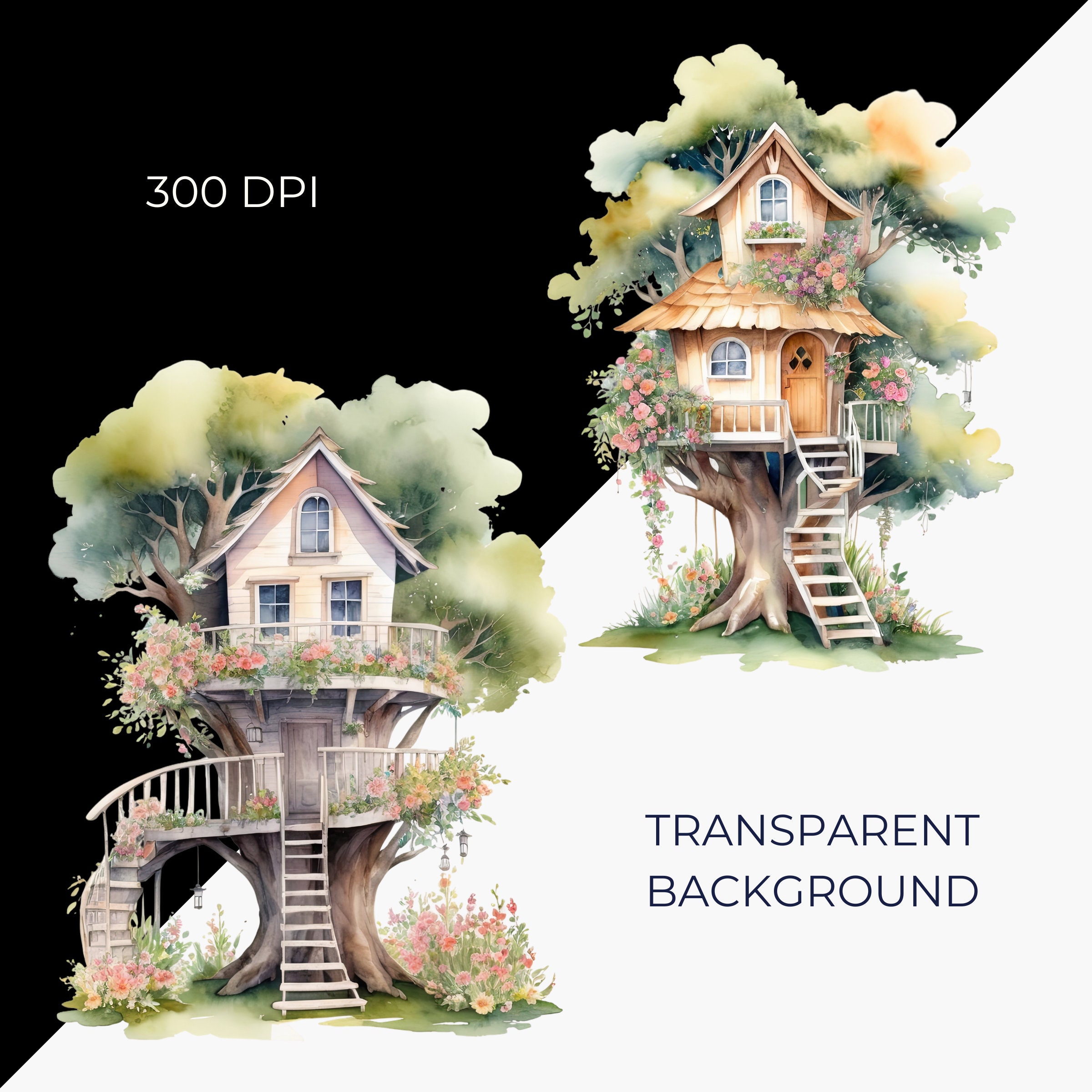 Watercolor Treehouse Clip Art, Instant Download PNG Set, Cute Treehouse ...