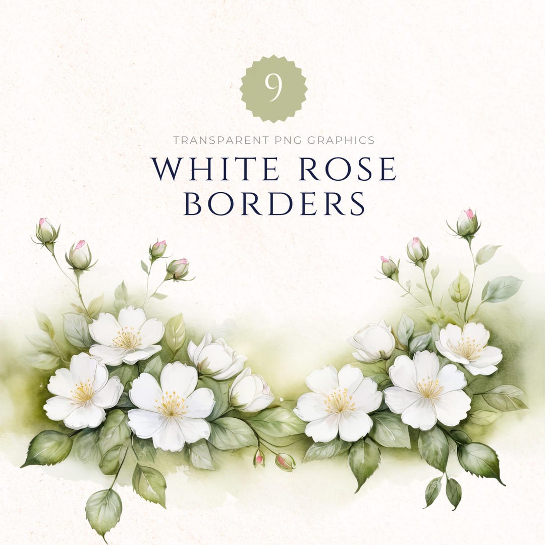 White Rose Border Clipart, Watercolor Floral Borders, Instant Download ...