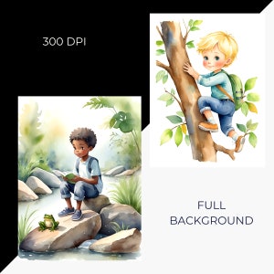 Boys in Nature Clipart, Watercolor Children, Cute Children Son Clipart ...