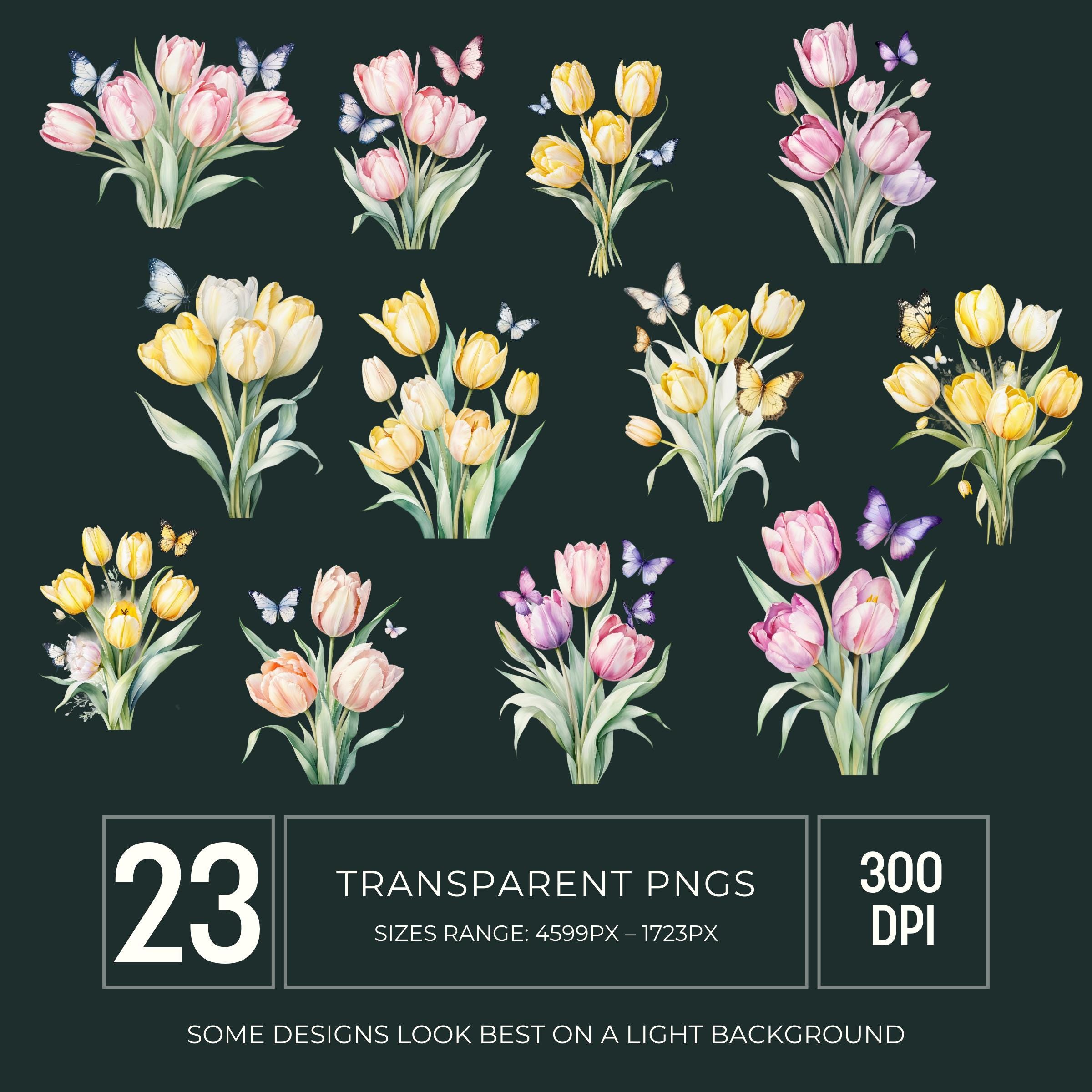 Butterfly and Tulips Clipart, Watercolor Flowers, Spring Graphics ...