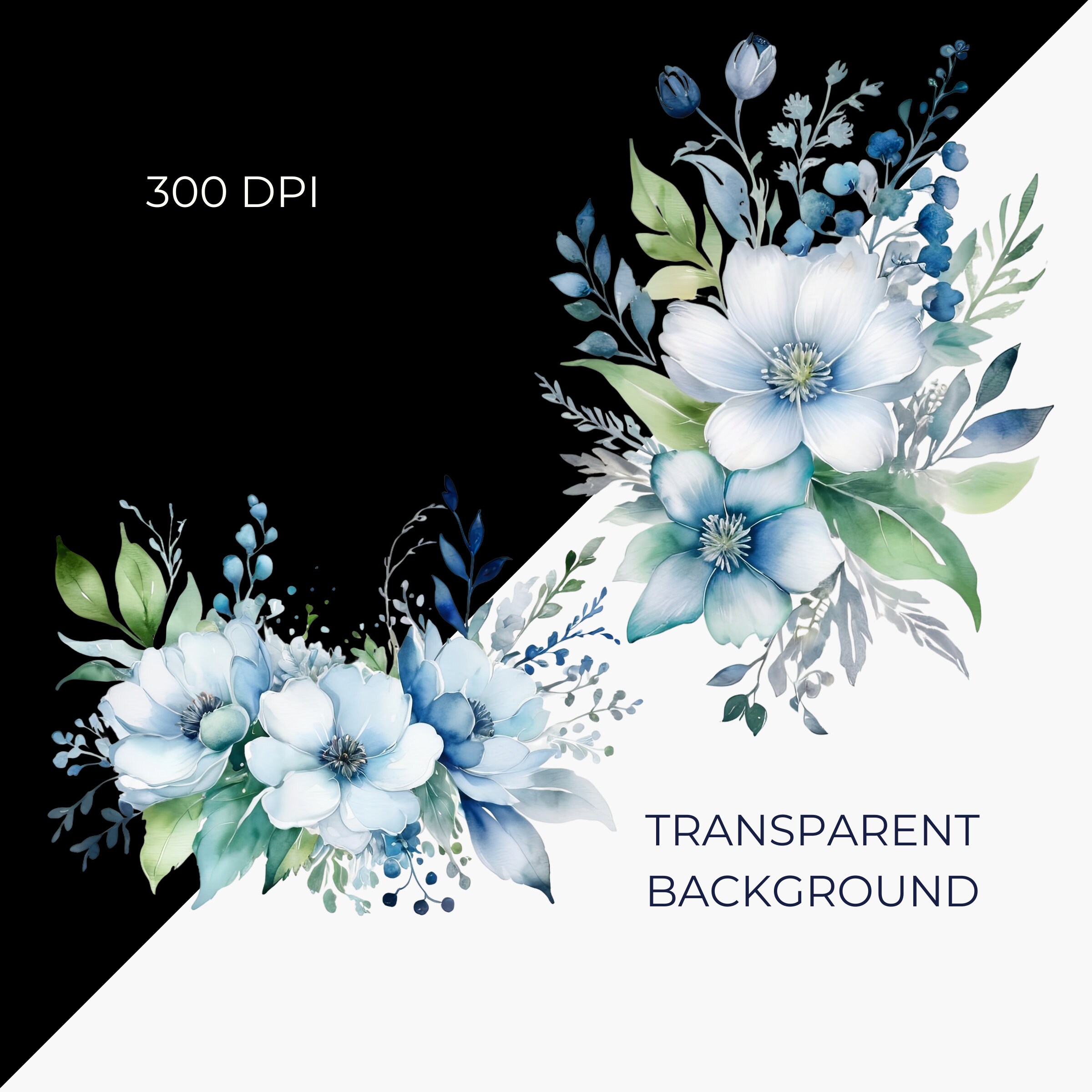 Icy Blue Watercolor Floral Clipart, Ice Blue Bouquet PNG, Light Blue ...