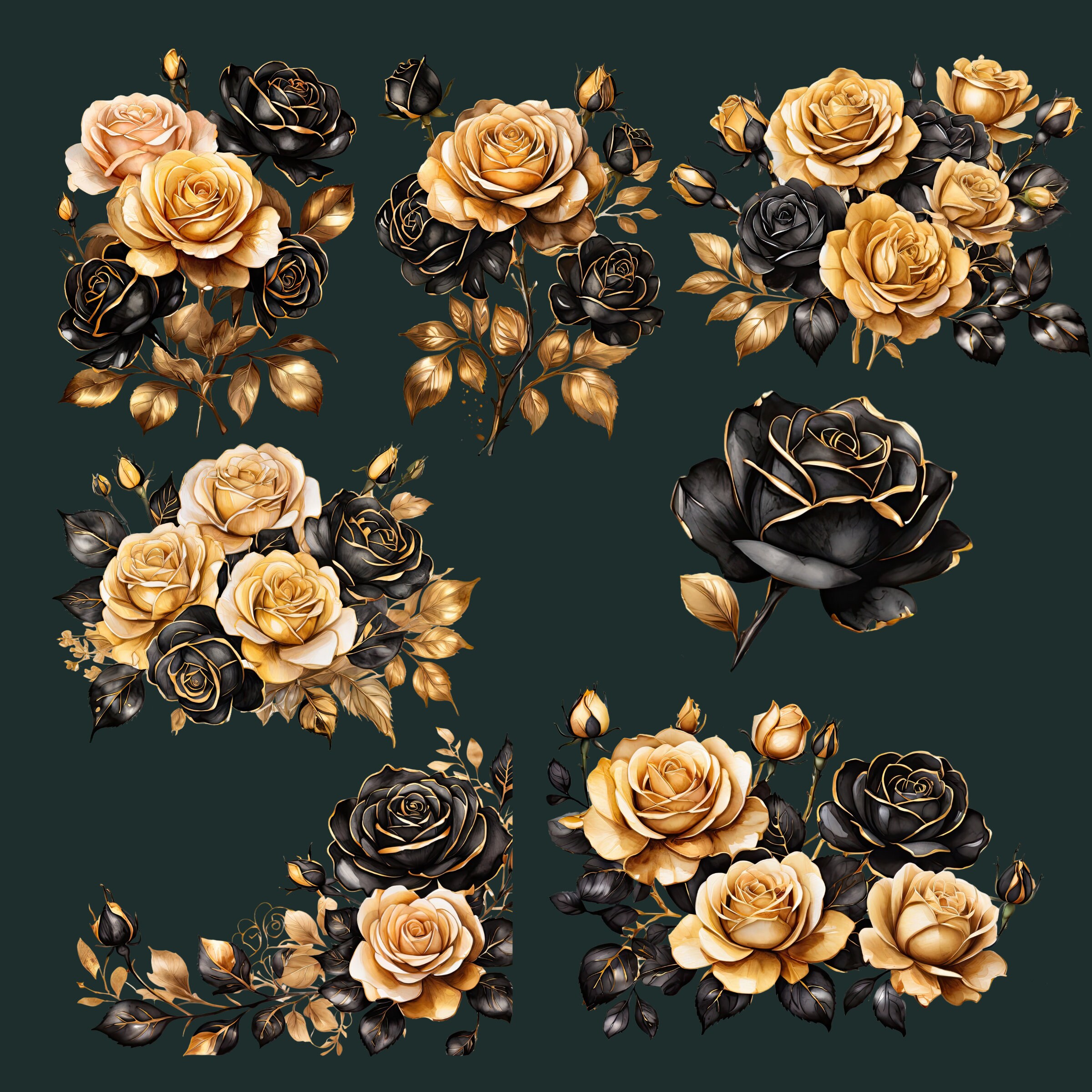 Black and Gold Roses Clipart, Instant Download, Floral PNG, Flower ...