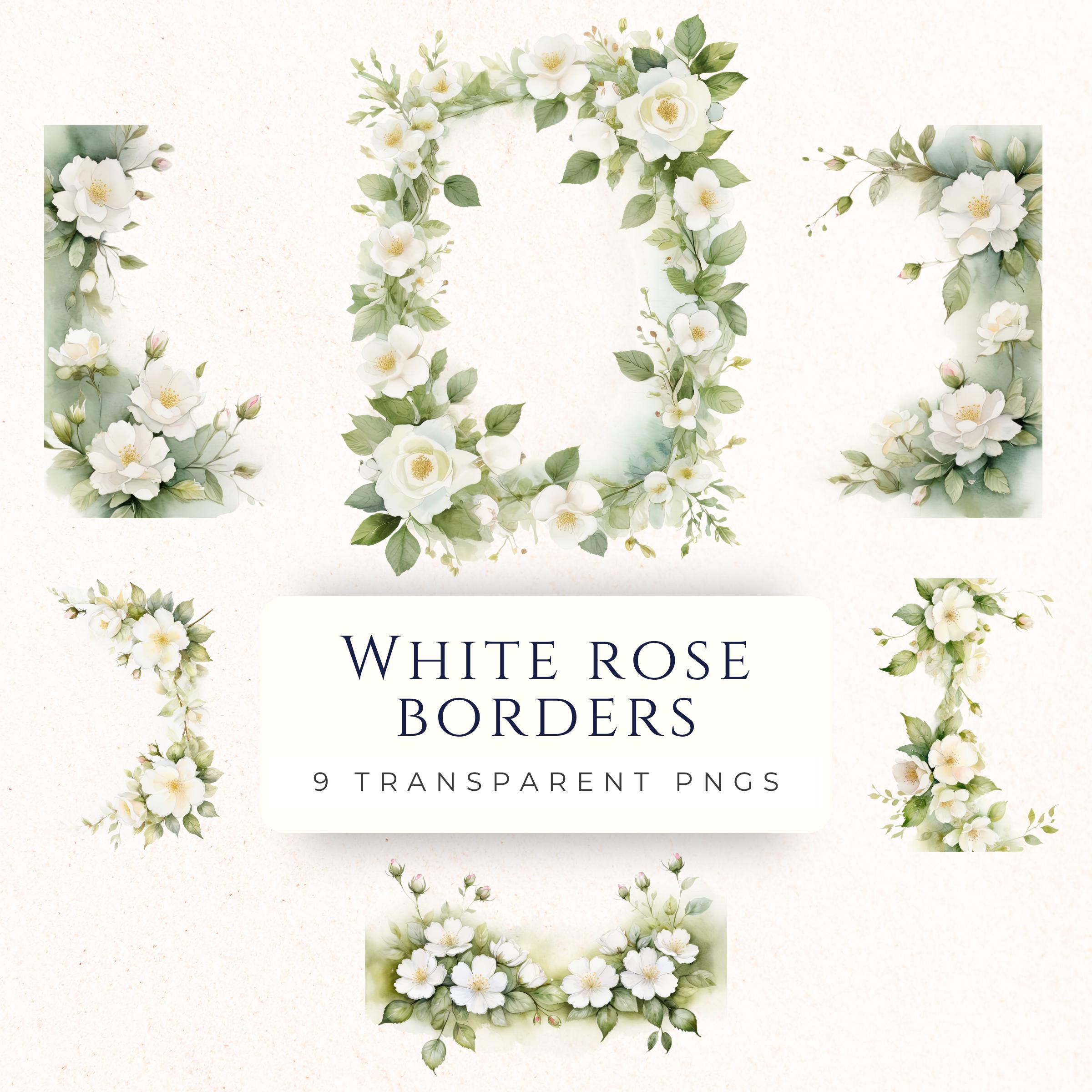 White Rose Border Clipart, Watercolor Floral Borders, Instant Download ...
