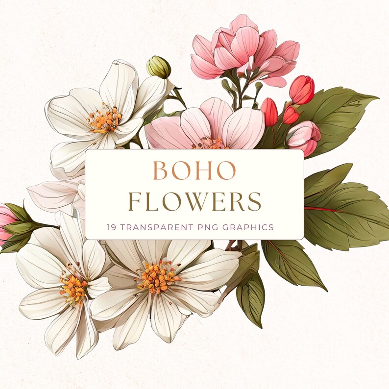 Boho Floral Clipart, Retro Flower Bouquet, Spring Clip Art, Simple ...