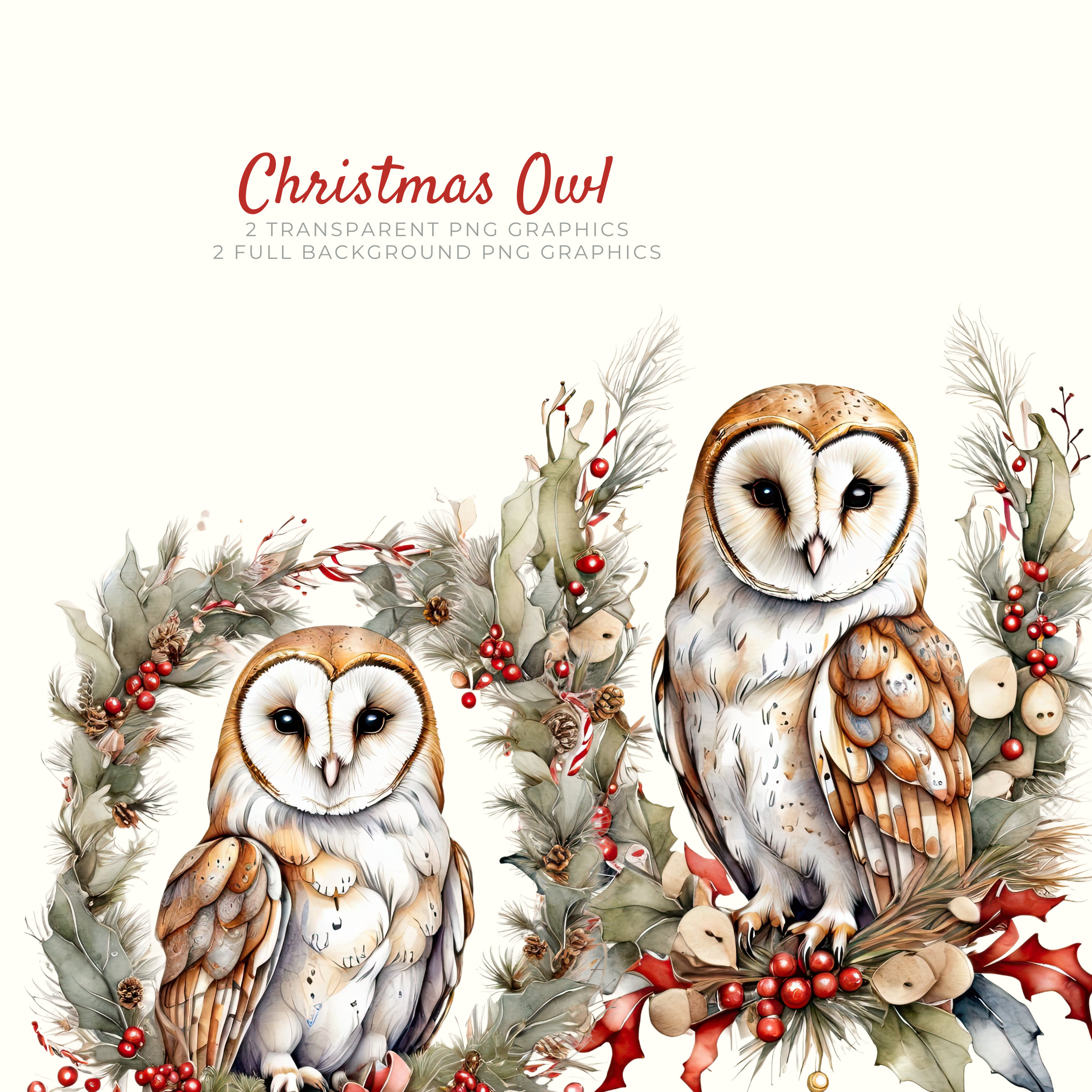 Holiday Owl Clipart, Barn Owl Illustrations, Christmas Images, White ...