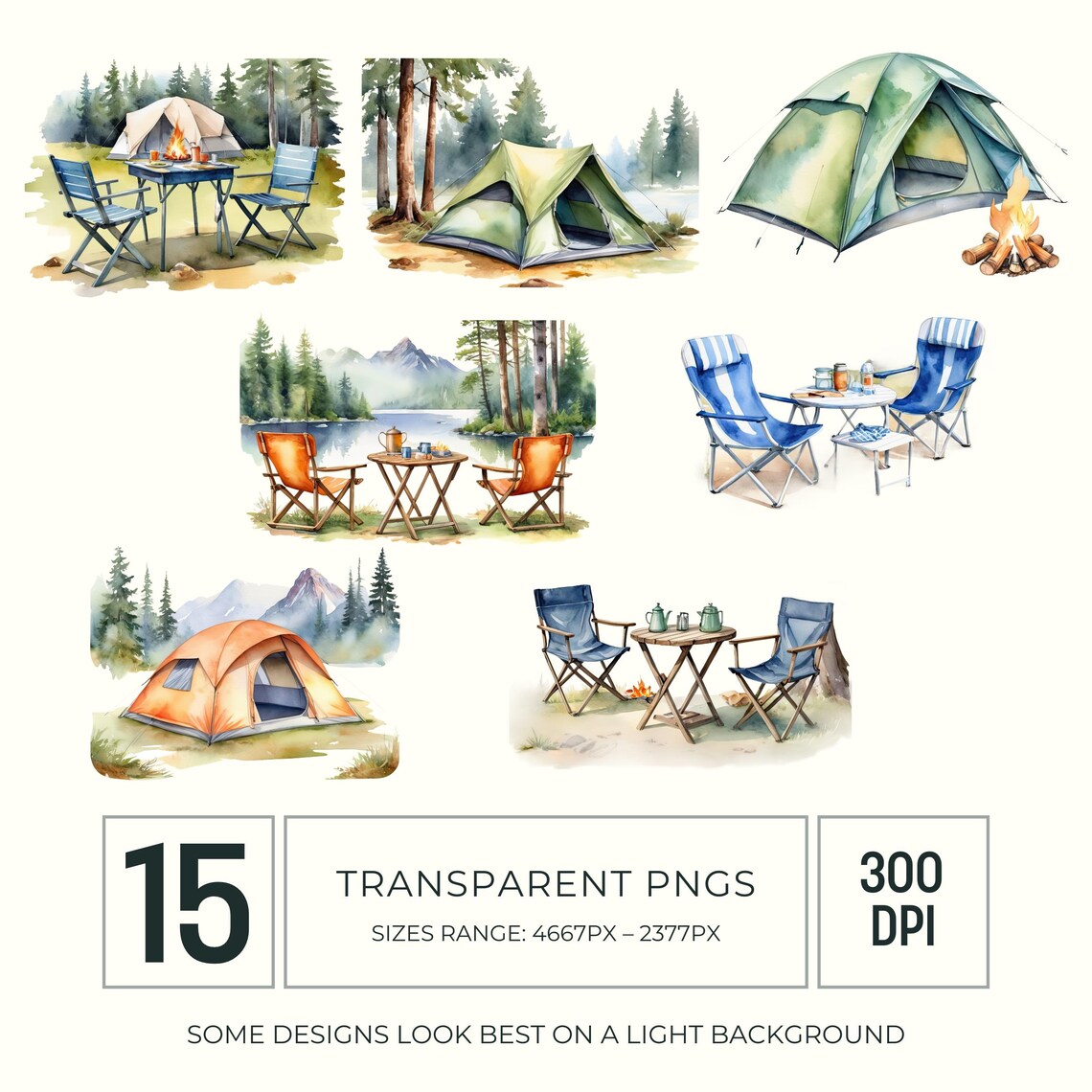 Watercolor Camping Clip Art, Outdoor Furniture Graphics, Travel ...