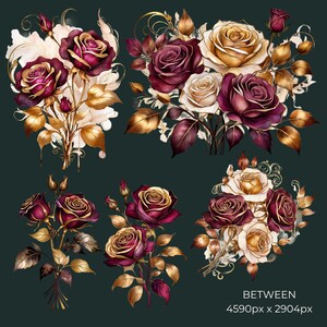 Maroon Gold Rose Clipart Set, Floral Watercolor Clip Art, Commercial ...