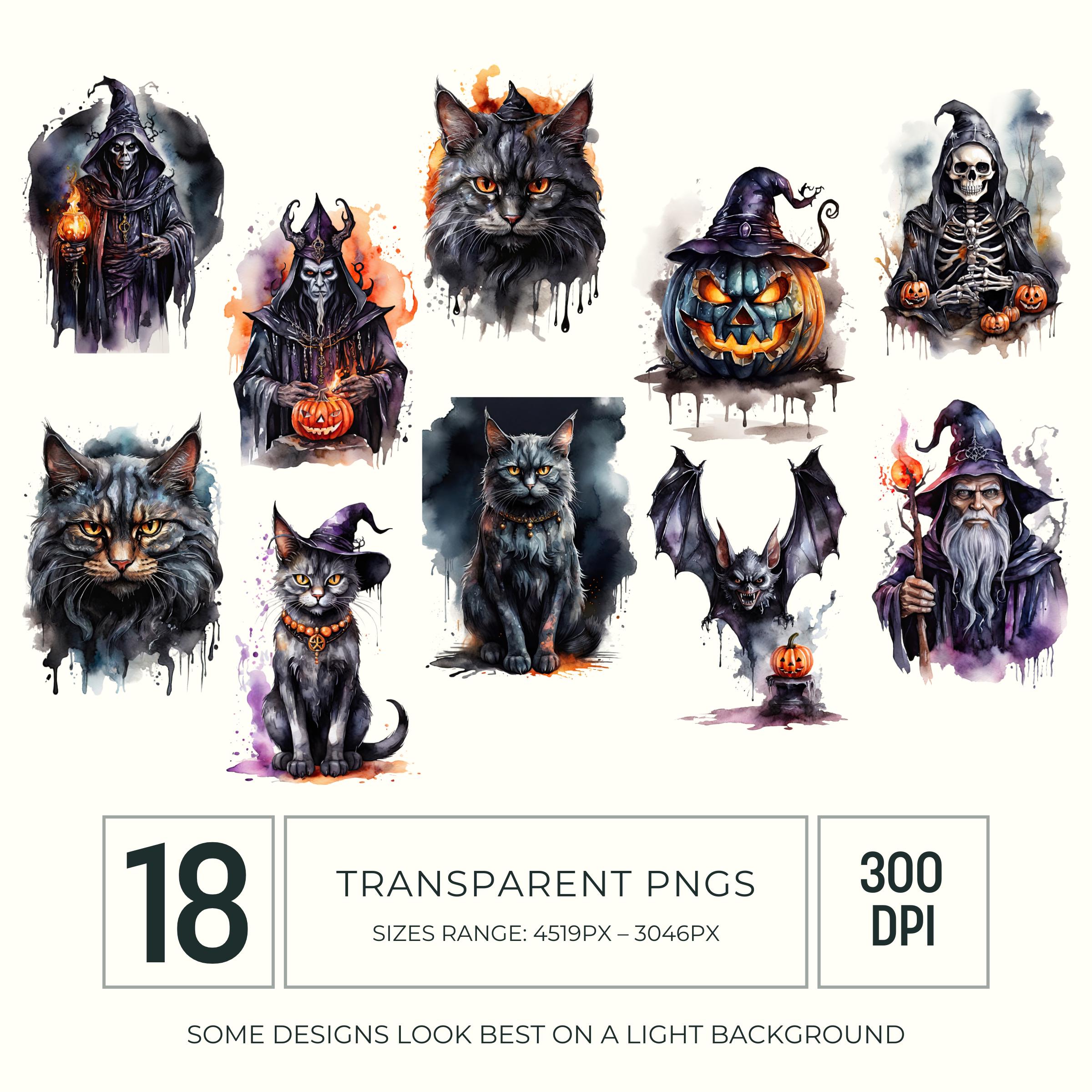 Scary Halloween Clipart Set, Watercolor Graphics, Instant Download PNG ...