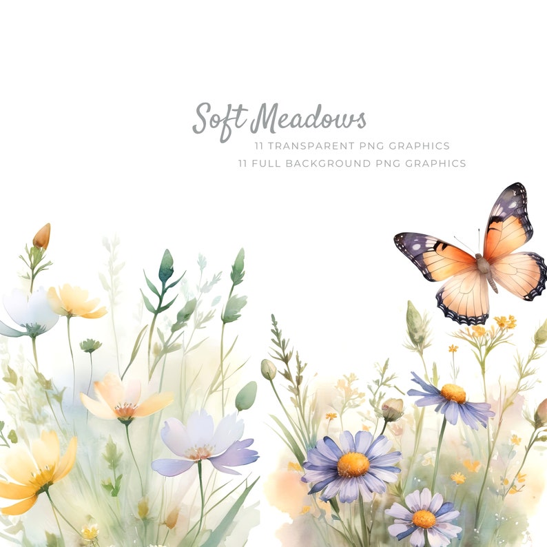 Wildflower Meadow Clipart, Watercolor Floral PNG, Spring Decorations ...