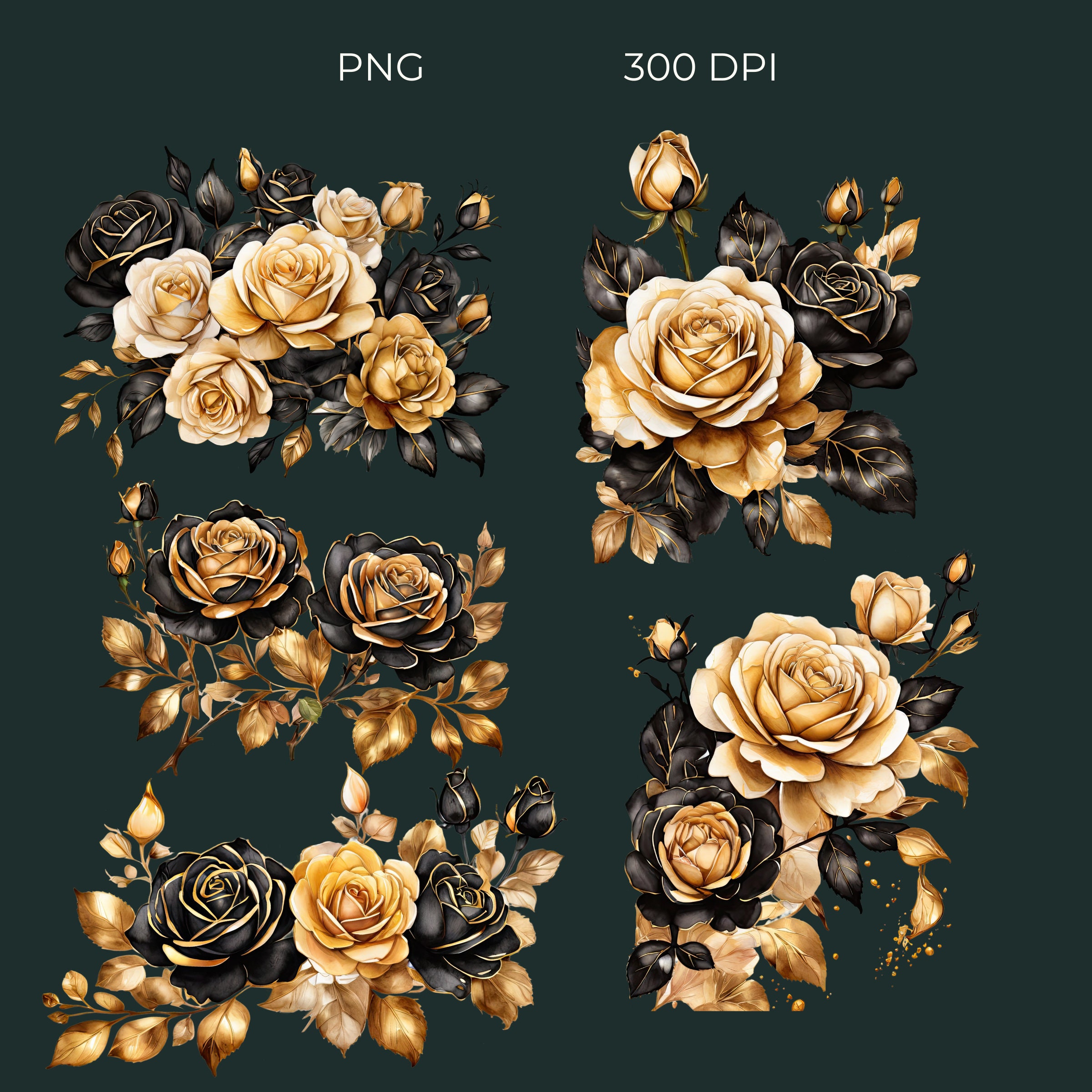 Black and Gold Roses Clipart, Instant Download, Floral PNG, Flower ...